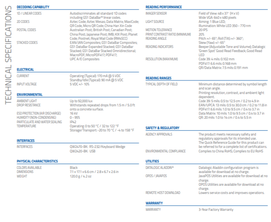 Datalogic QuickScan Lite 2D Imager Black USB Interface w/ USB Cable and ...