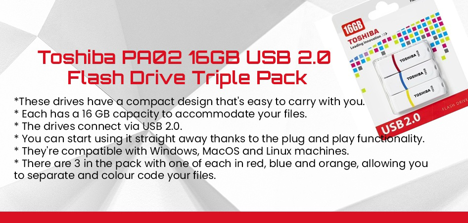 Toshiba PA02 16GB USB 2.0 Flash Drive Triple Pack Red,Blue,Orange - msy ...