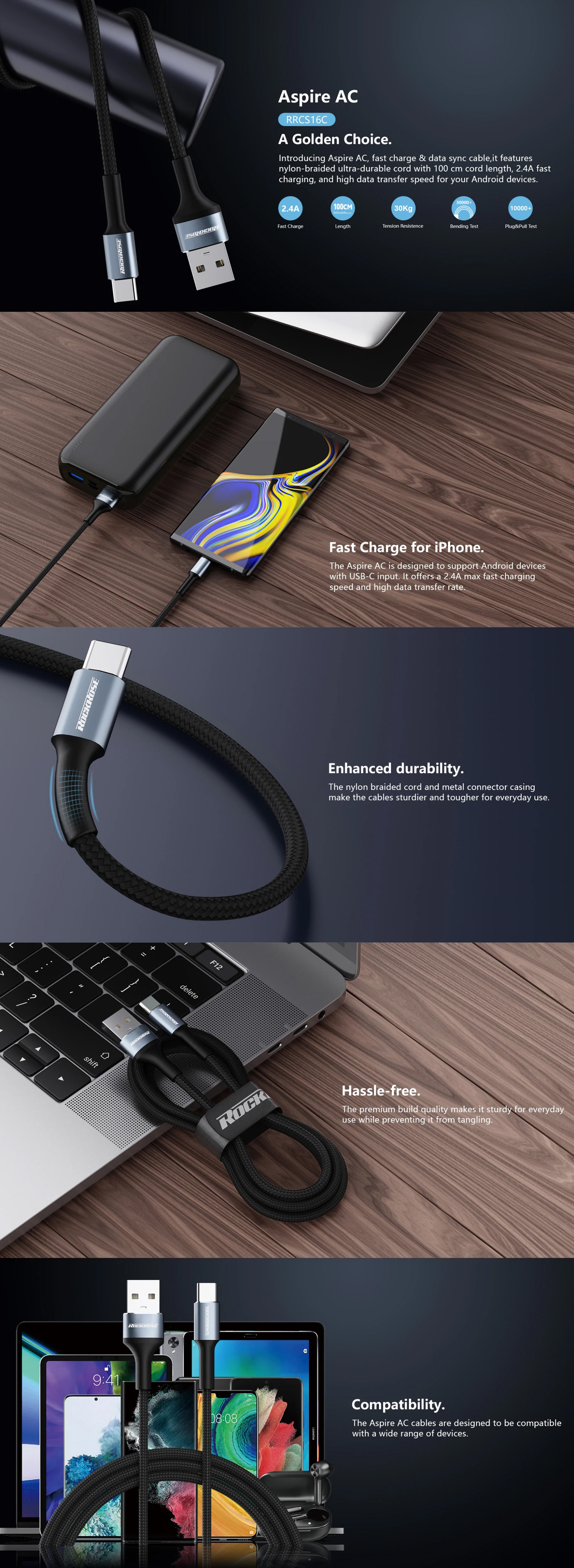 RockRose Aspire AC 2.4A 1m USB-C Charge & Sync Cable - Umart.com.au