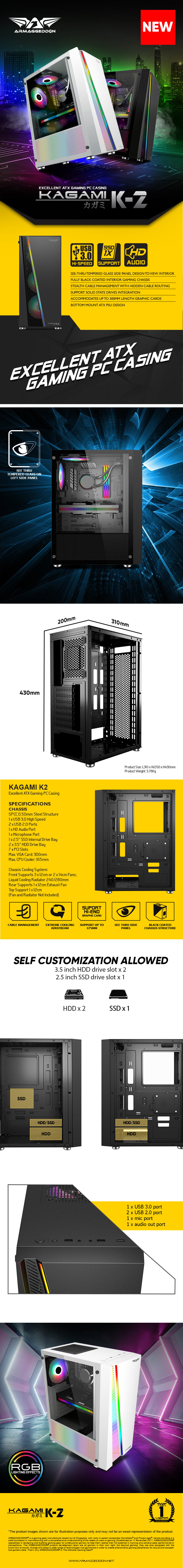 Armaggeddon Kagami K-2 RGB Strip Mid Tower ATX Case - White - msy.com.au