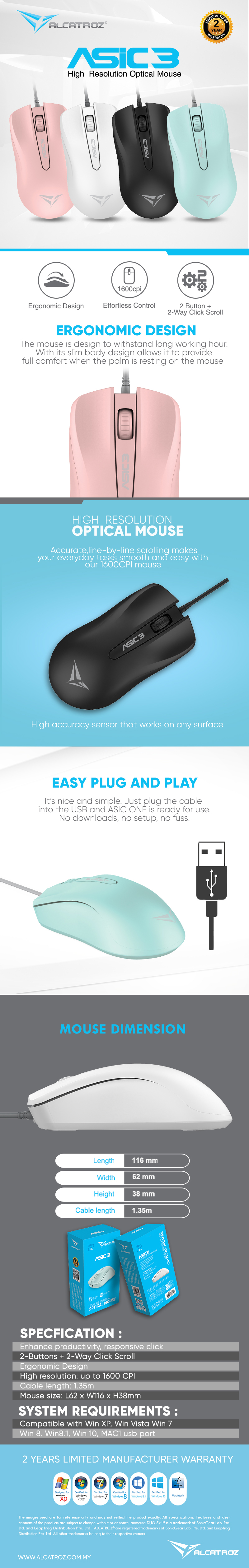 Alcatroz Asic 3 USB Optical Mouse - Black - msy.com.au