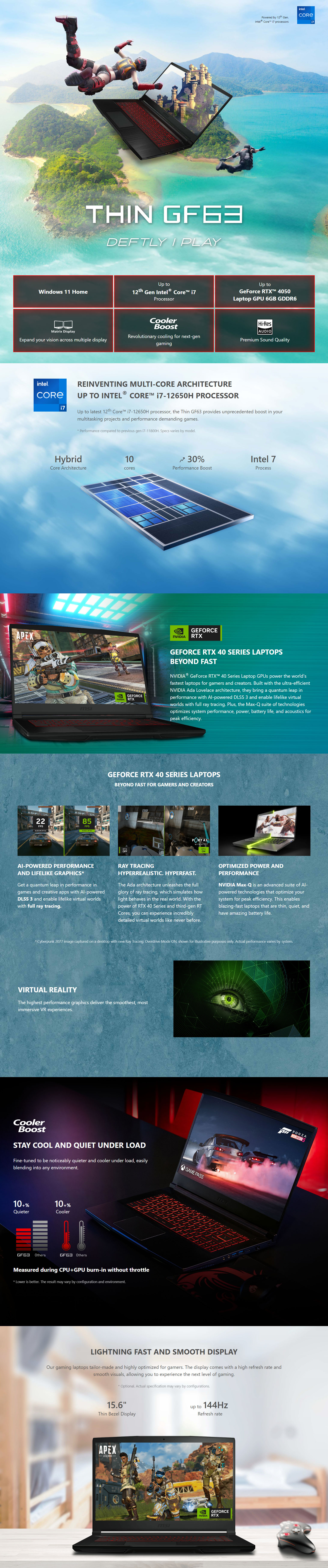 MSI Thin GF63 15.6in 144Hz i7 12650H RTX 4050 512GB SSD W11H Gaming ...