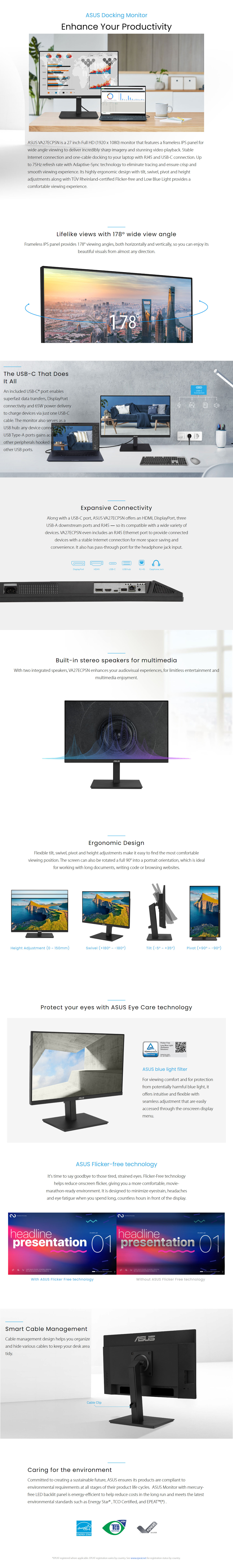 Asus 27in FHD 75Hz IPS USB-C Adaptive Sync Docking Monitor (VA27ECPSN ...