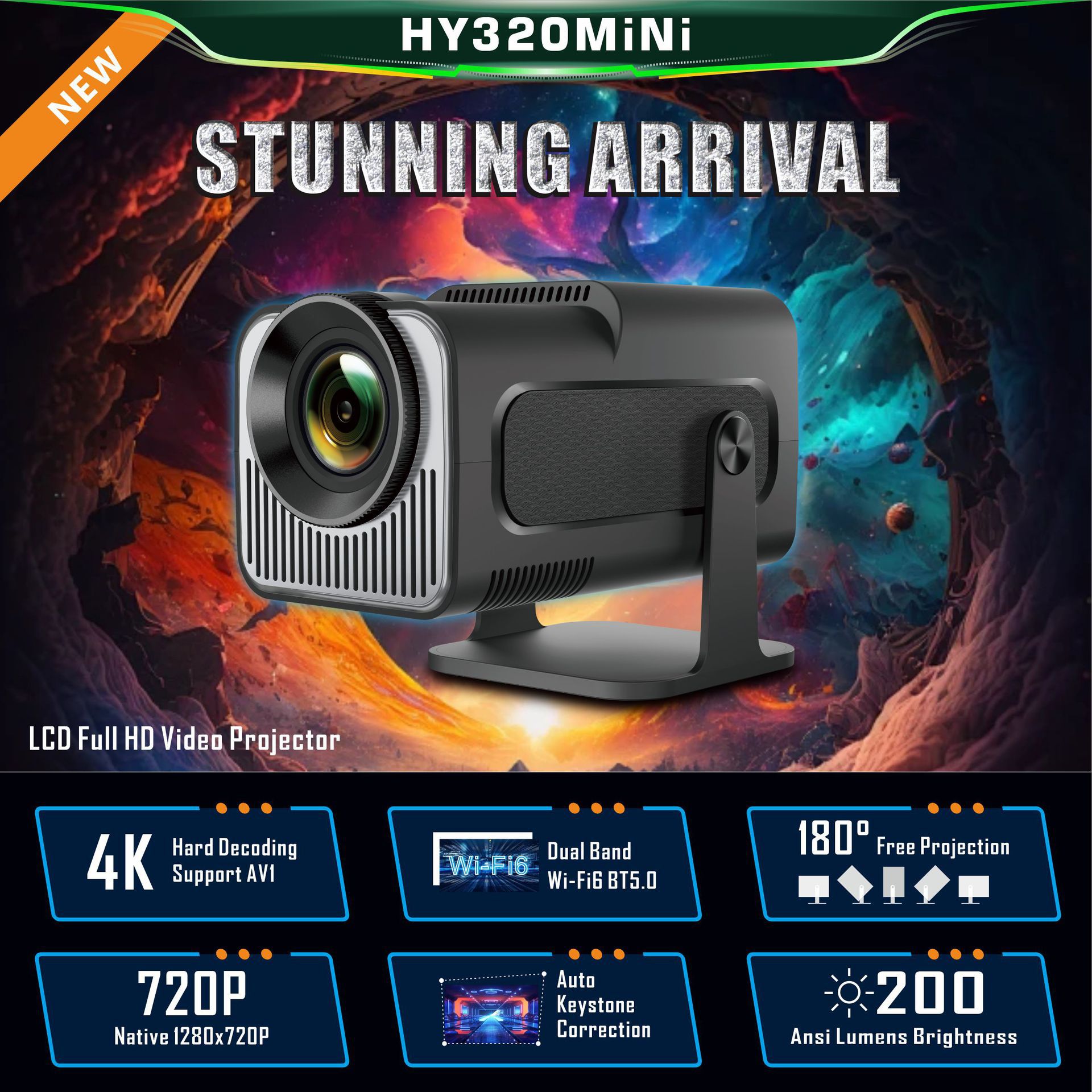 New HY320 Black Smart HD Portable Projector, Support Global Live ...