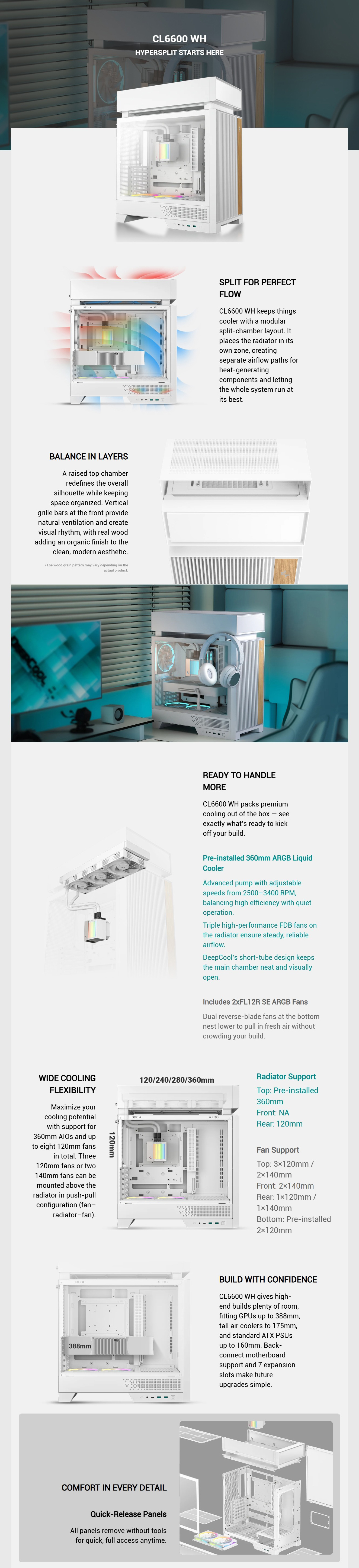 DeepCool CL6600 ATX Case with 360mm ARGB Liquid Cooler - White (R ...