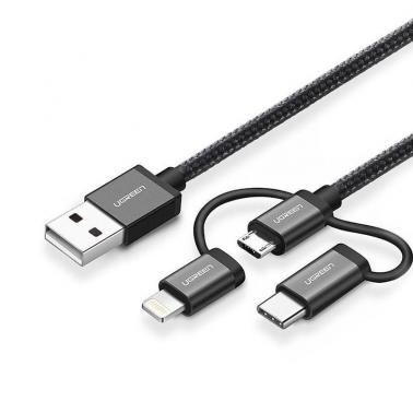 UGreen 3 in 1 USB-A to Micro USB+Lightning+Type C Black Braided Cable ...