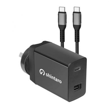Shintaro 65W GaN 2 Port USB Wall Charger & USB-C Charge Cable 1m (SH ...