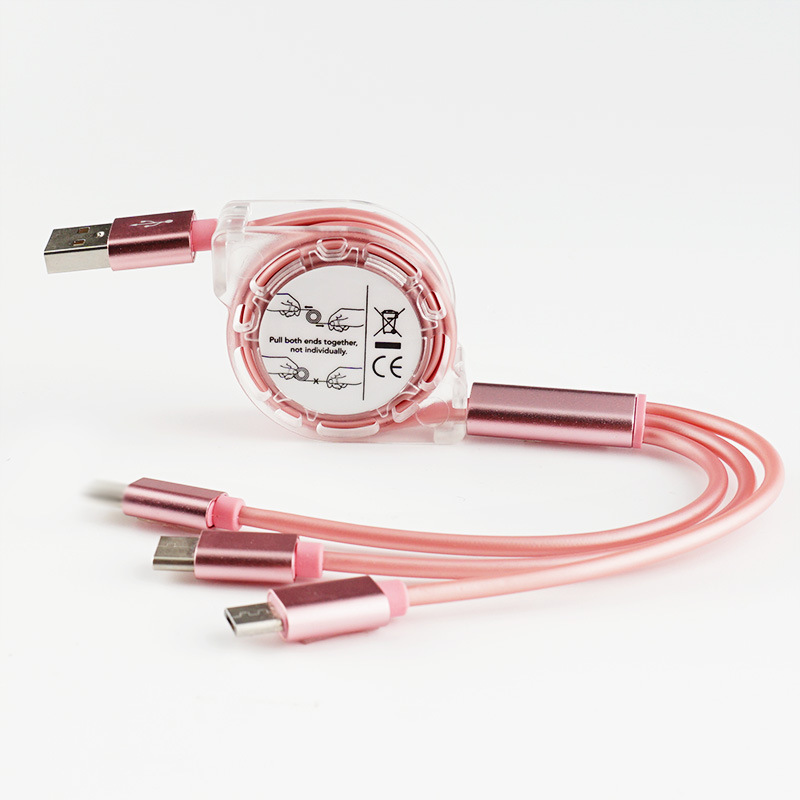 1M Pink 3-in-1 Retractable Metal Data Cable, Fast Charging for Android ...